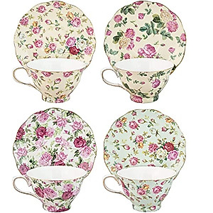 Gracie China by Coastline Imports Rose Chintz 8-Ounce Porcelain Tea Cup and Saucer, Set of 4