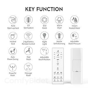 ComfyBidet Auto Open and Close Bidet Seat for Elongated Toilets with Wireless Remote, Instant Heated Water, Warm Air Dryer, Fresh Water Spray, Heated Seat and High-tech Self-cleaning Nozzle (White)