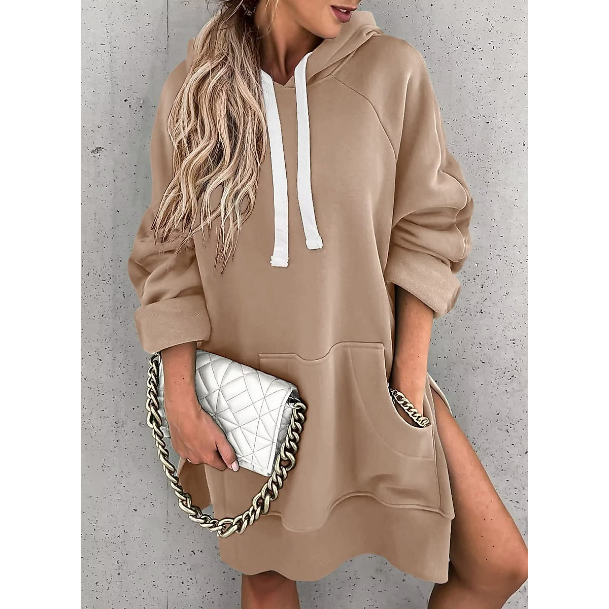 Syellowafter Women Oversized Pullover Dress with Hood Casual Sweatshirt Kangaroo Pouch Pocket Hoodie Loose Top Khaki Large