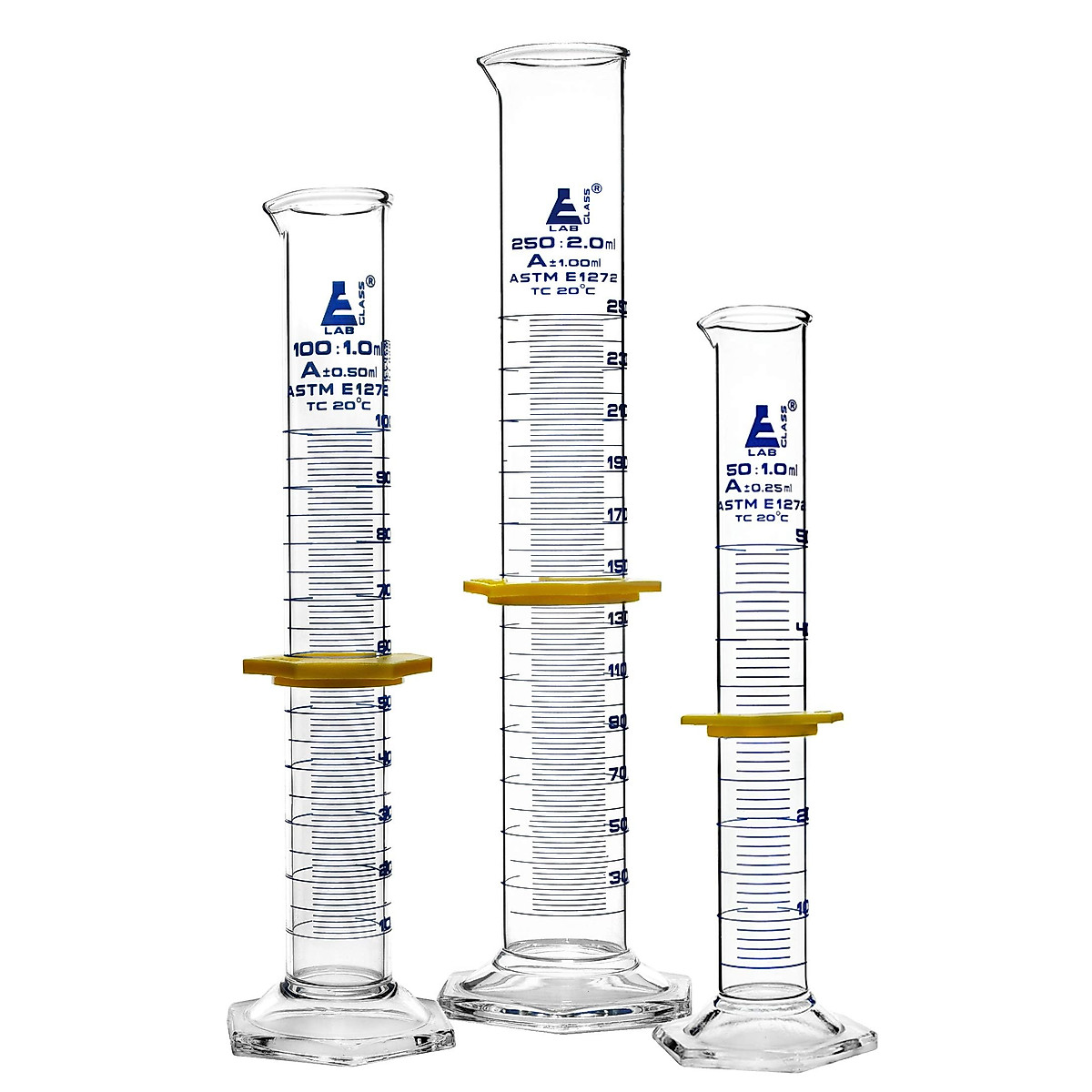 EISCO Premium Graduated Cylinder Set - 50mL, 100mL & 250mL - ASTM, Class A - Protective Collars, Hexagonal Base - Blue Graduations - Borosilicate 3.3 Glass