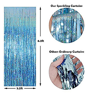 Melsan 2 Pack 3.2 ft x 8.2 ft Tinsel Foil Fringe Curtains Backdrop, Sparkle Metallic Foil Curtains for Party Photo Booth Props Decoration, Light Blue