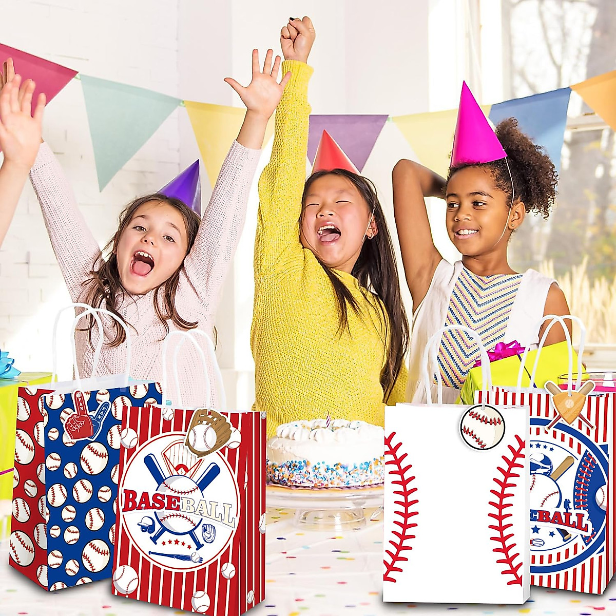 Mpanwen Baseball Goodie Bags, 16 Pcs Baseball Themed Party Favor Candy Treat Gifts Bags With Handle for Birthday Baby Shower Holiday Party Decorations