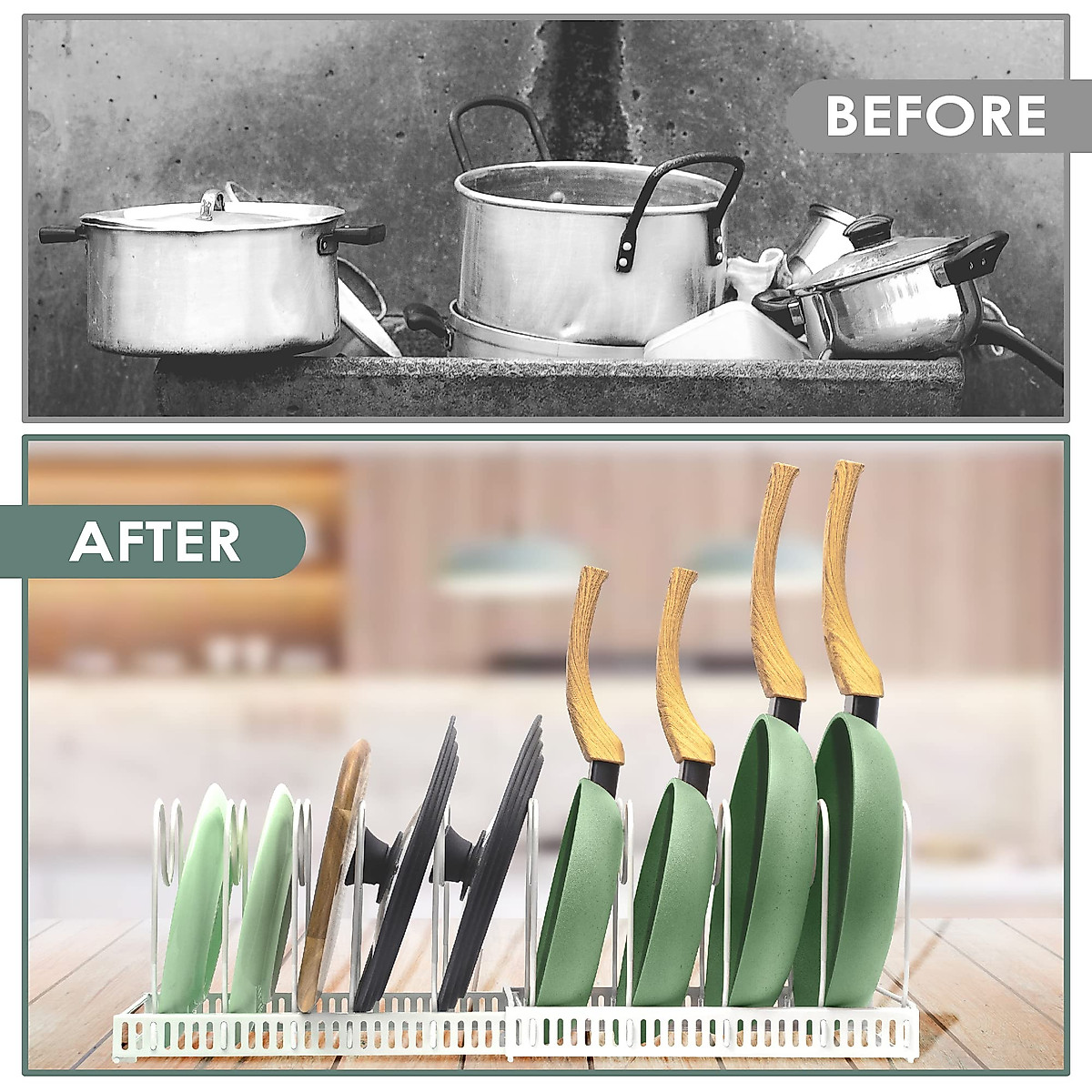 taabooh Adjustable Pot And Pan Organizer Rack - Aesthetic Pot Lid Organizer Rack - Durable Cookware Rack And Baking Pan Organizer - Expandable Horizontal Frying Pan Organizer With 10 Dividers