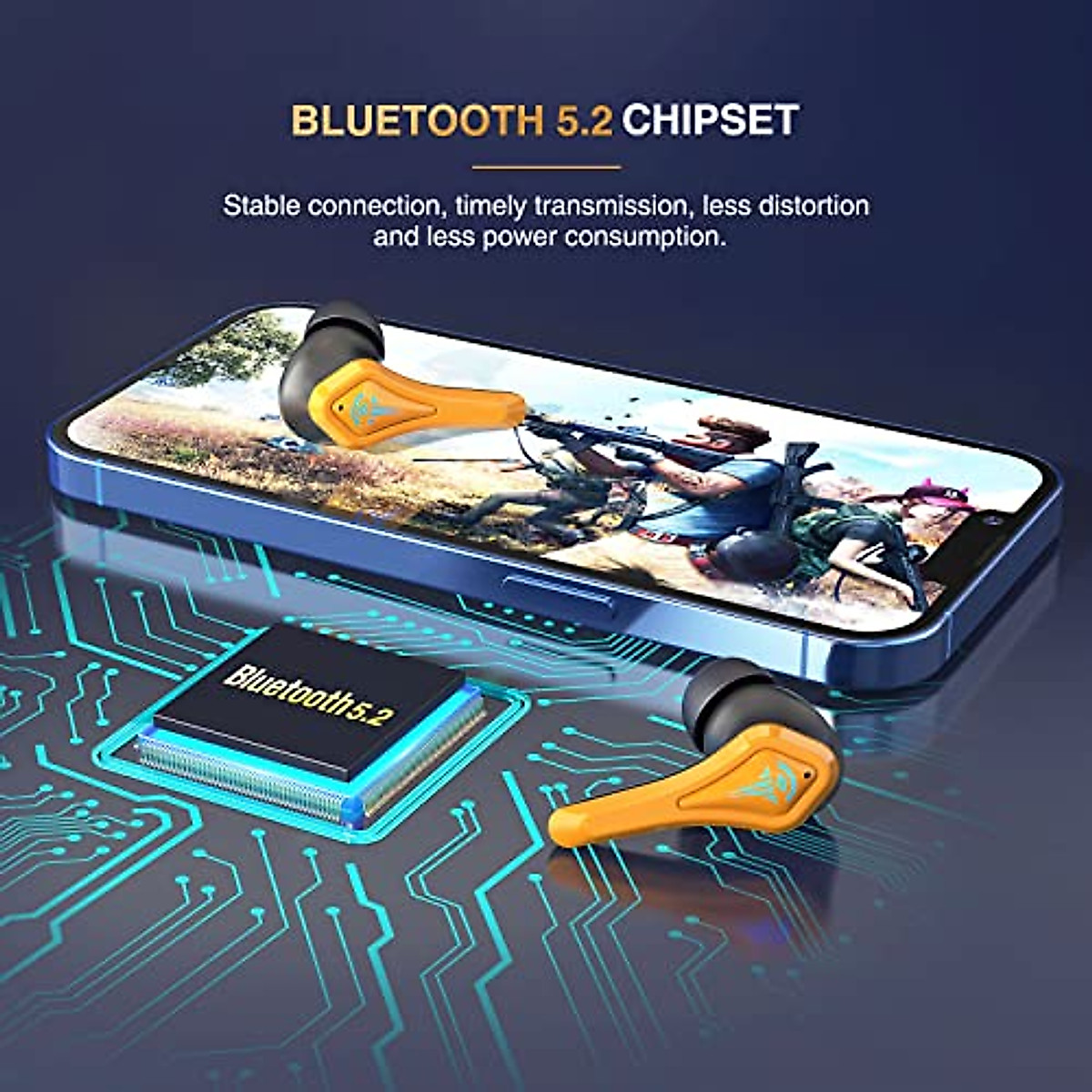 Gaming Wireless Earbuds, QTREE Bluetooth 5.2 in-Ear Game Earphones 50ms Low Latency IPX5 Noise Cancelling Mic, 36H Play time Headphones, Gaming/Deep Bass Music Mode for iPhone and Android(Yellow)