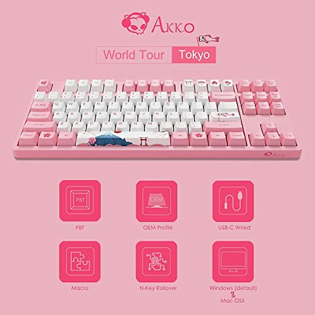 Akko TKL Wired Gaming Mechanical Keyboard, Programmable with OEM Profiled PBT Dye-Sub Keycaps and N-Key Rollover, 3087 Tokyo 87-Key Pink Keyboard for PC/Laptop/Mac (Akko 2nd Gen Orange Tactile Switch)