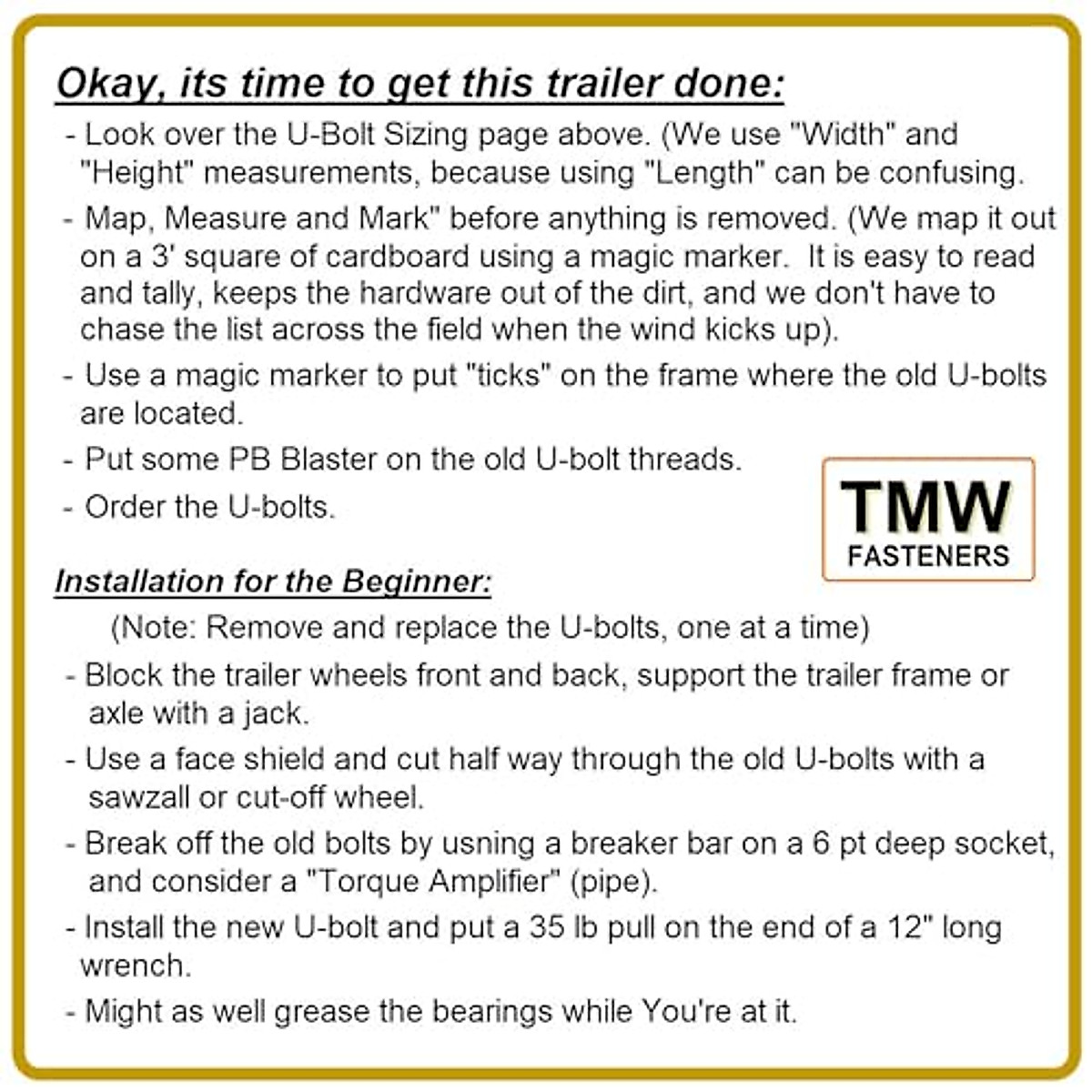 TMW - (8) 304 Stainless Steel Square U-Bolts 1/2" Diameter x 3-1/16" Inside Width x 4-5/16" Inside Height with 304 SS Lock Nuts and Washers for Boat and Utility Trailers Made in The U.S.A.