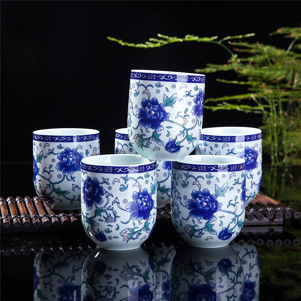 THY COLLECTIBLES Set Of 6 Eastern Asian Design Ceramic Tea Cups In Blue-And-White Peony - 8 OZ Capacity Each