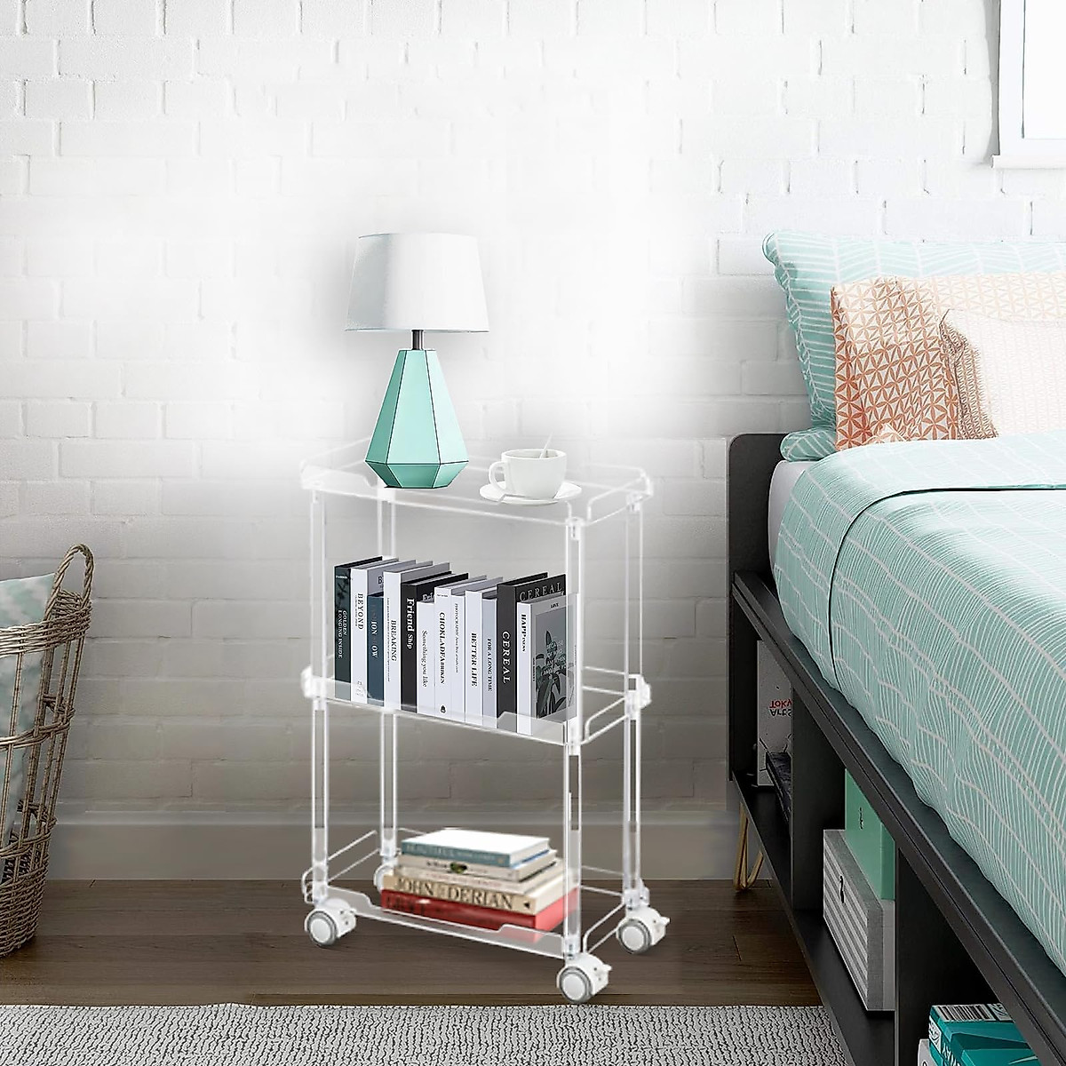 KSacry Acrylic Utility Carts - 3 Tier Rolling Side Table for Small Spaces, Acrylic Rolling Cart for Bathroom, Laundry Room, Bedroom,Living Room, Office -15.6'' L x 7'' W x 24'' H