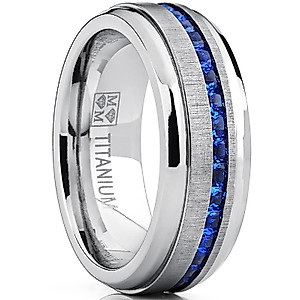 Metal Masters Men's Titanium Wedding Band Engagement Ring W/Blue Simulated Sapphire Cubic Zirconia Princess CZ 9