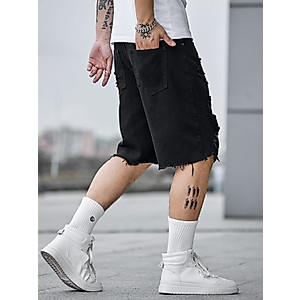 Verdusa Men's Ripped Distressed Raw Trim High Waist Straight Leg Denim Shorts Black XL