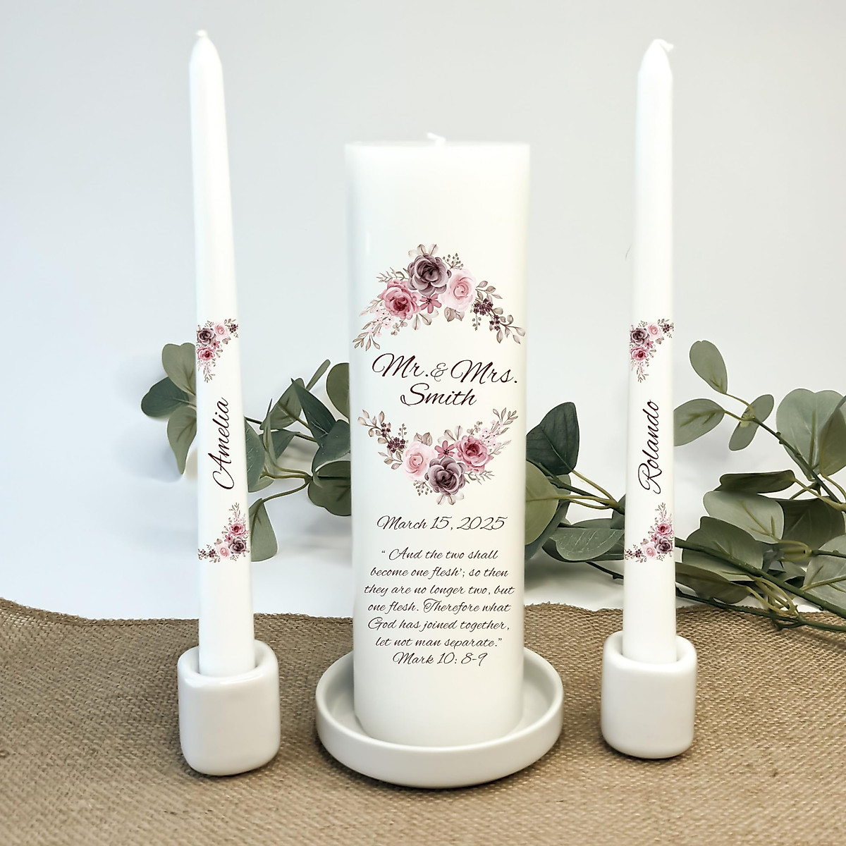 Unity Candles for Wedding, Mr and Mrs Unity Set, Custom and Personalized Pillar and Taper Candles with Bible Quote, Unscented White Premium Wax, Religious and Wedding Ceremony, Special Events