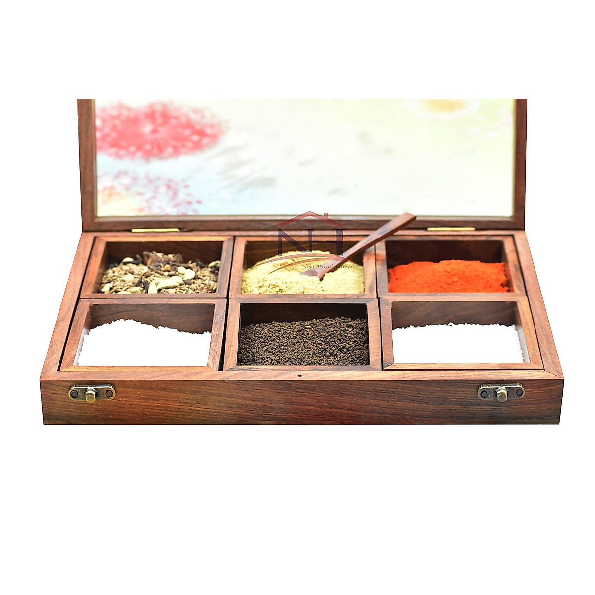 Mahak Nisar Timber '‘Six Blends' Wooden Spice Boxes 06 Containers Box with Spoon in Sheesham Wood Spice jar for Kitchen Multipurpose Decorative Boxes Spice Box