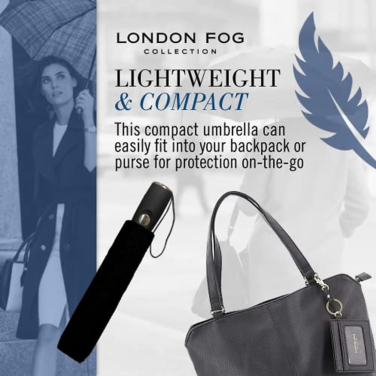 London Fog Mini Rain Umbrella, Automatic Folding Umbrella, Windproof, Lightweight and Packable for Travel, Full 42 Inch Arc, Black