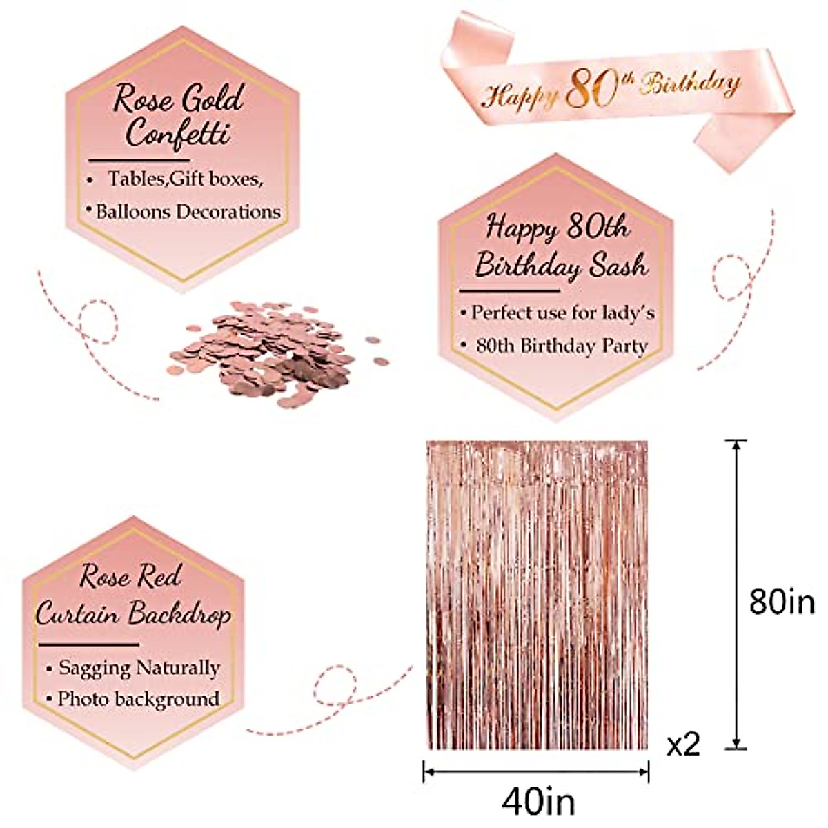 80th Birthday Decorations for Women, Happy Birthday Banner, Number 80 Foil Balloon Happy Birthday Cake Topper Rose Gold Curtain Happy 80th Birthday Sash Anniversary Decorations Birthday Backdrop