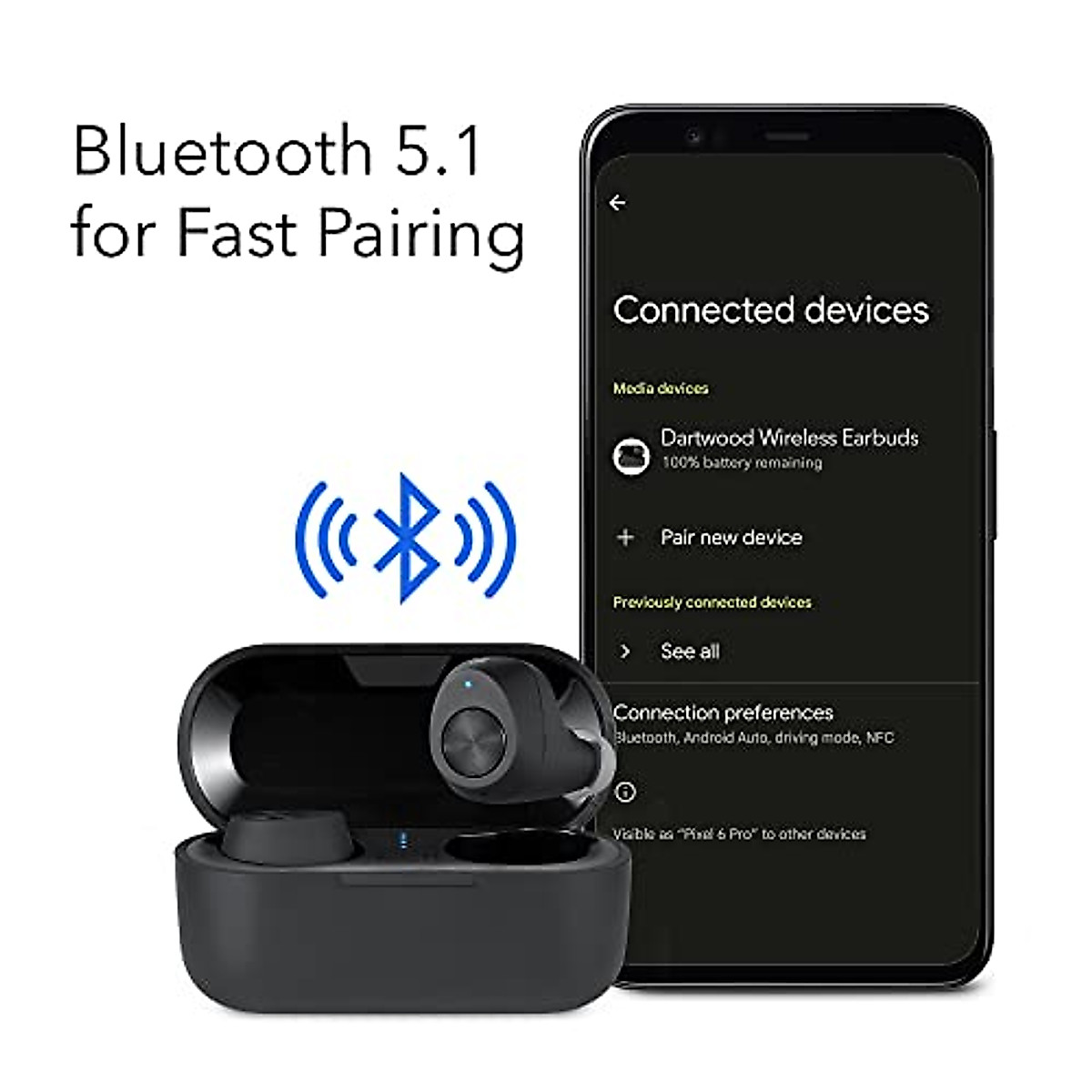 Dartwood Wireless Earbuds - True Wireless Bluetooth Earbuds with Touch Controls and Charging Case (Black)