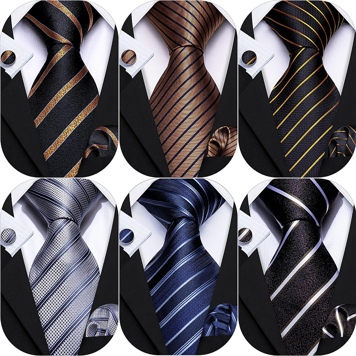 Barry.Wang Men Tie Classic Silk Gift Necktie With Tie Clip Jacquard Woven Neck Ties 6PCS Formal Wedding (Stripe Blue)