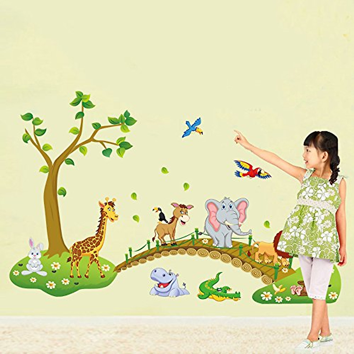 decalmile Jungle Animals Tree Wall Stickers Lion Giraffe Elephant Walking on Bridge Wall Decals Kids Room Baby Room Nursery Bedroom Wall Decor(Finished Size: 48.8 Inch x 31 Inch)