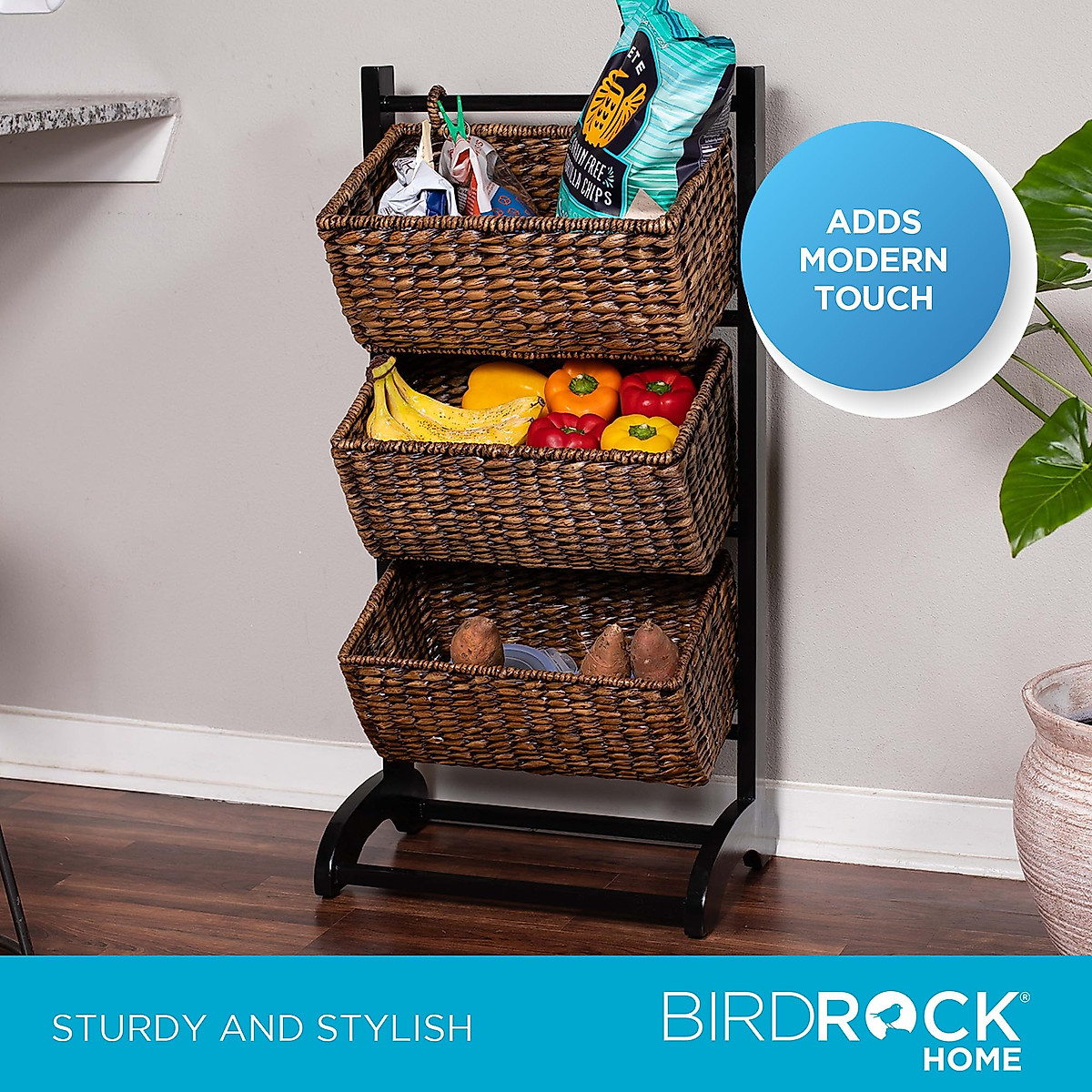 BIRDROCK HOME 3-Tier Abaca Storage Organizer Shelf with Solid Wood Frame - Durable Handwoven Abaca Fiber Baskets - Ideal for Organizing Living Rooms, Bedrooms, or Kitchens - Brown Wash, Espresso