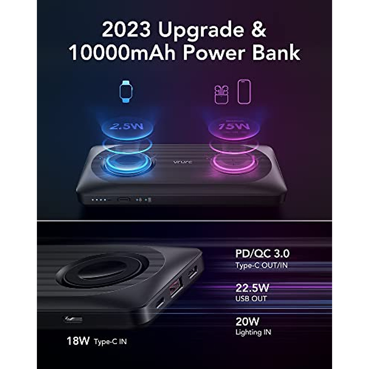 VRURC Wireless Portable Charger, 10000mAh Magnetic Power Bank, 3 in 1 Charger, 22.5W Fast Charing Battery Pack, 3 inputs 4 outputs Compatible with iPhone 15/14/13, iWatch 8/7/6, AirPods Pro/2 - Black