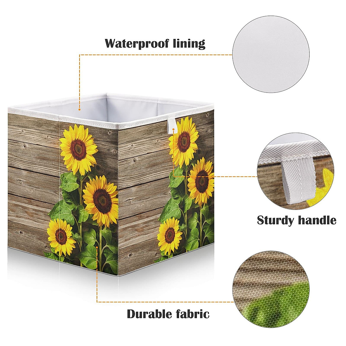 Wood Sunflower 11x11 Storage Cubes Fabric Storage Cubes Storage Bins with Handles Storage Boxes for Organizing Home, Office, Nursery, Shelf, Closet, Pack of 1