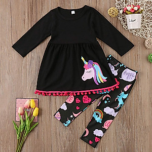 Fashion Kids Toddler Girl Long Sleeve Tunic Top Dress+Floral Pants Outfit Set Spring Fall Clothes (Black Unicorn, 5-6X)