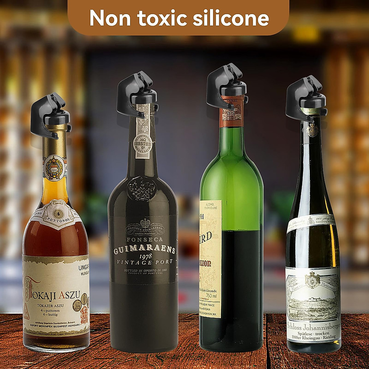 HERCHR 5PCS Wine Bottle Stoppers, Champagne Bottle Stopper with Food Grade Silicone Leak proof Keep Fresh, Champagne Stopper Professional Wine Saver for Champagne, Cava, Prosecco and Sparkling, Black