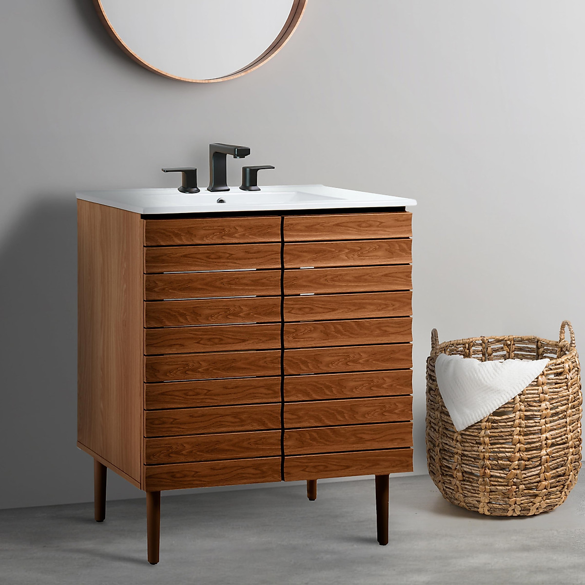 JONATHAN Y VAN1002B Aubert 30 in. W x 18 in. D x 33 in. H Thick Linear Slat Modern Farmhouse 2-Shelf Bath Vanity Cabinet Only (Sink Basin not Included), Walnut