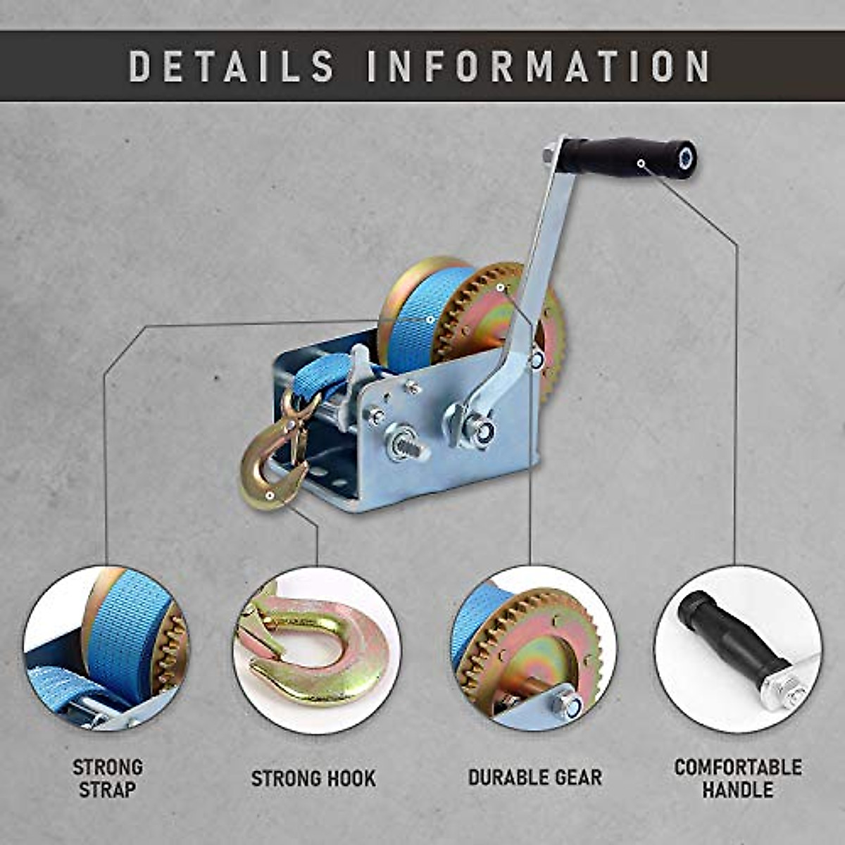 Boat Winch Strap with Hook 3200 lbs ATV - Heavy Duty Hand Crank Winch - Best Boat Trailer Winch(Mount Plate with 5 Bolts Included)