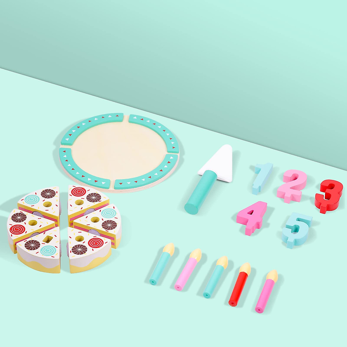 Birthday Cake Cutting Toys, Wooden Play Food Set for Kids Toddlers, Pretend Play Kitchen Toys for Boys Girls