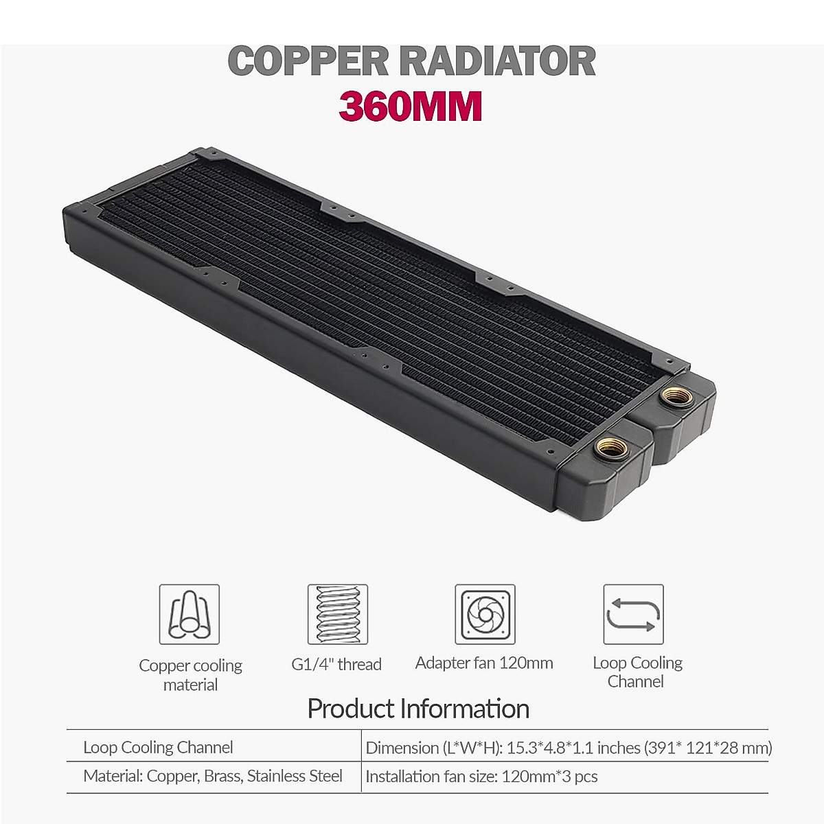 Dracaena 360mm - 28mm/1.1inch Thick Computer Radiator, 14 Tubes Copper Water Cooling Cooler for CPU Heat Sink - Liquid Heat Exchanger Dual G1/4 Thread