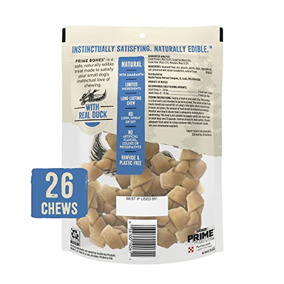 Purina Prime Bones Mini Knotted Chews Rawhide Free, Natural Dog Treats with Real Duck - 26 ct. Pouch