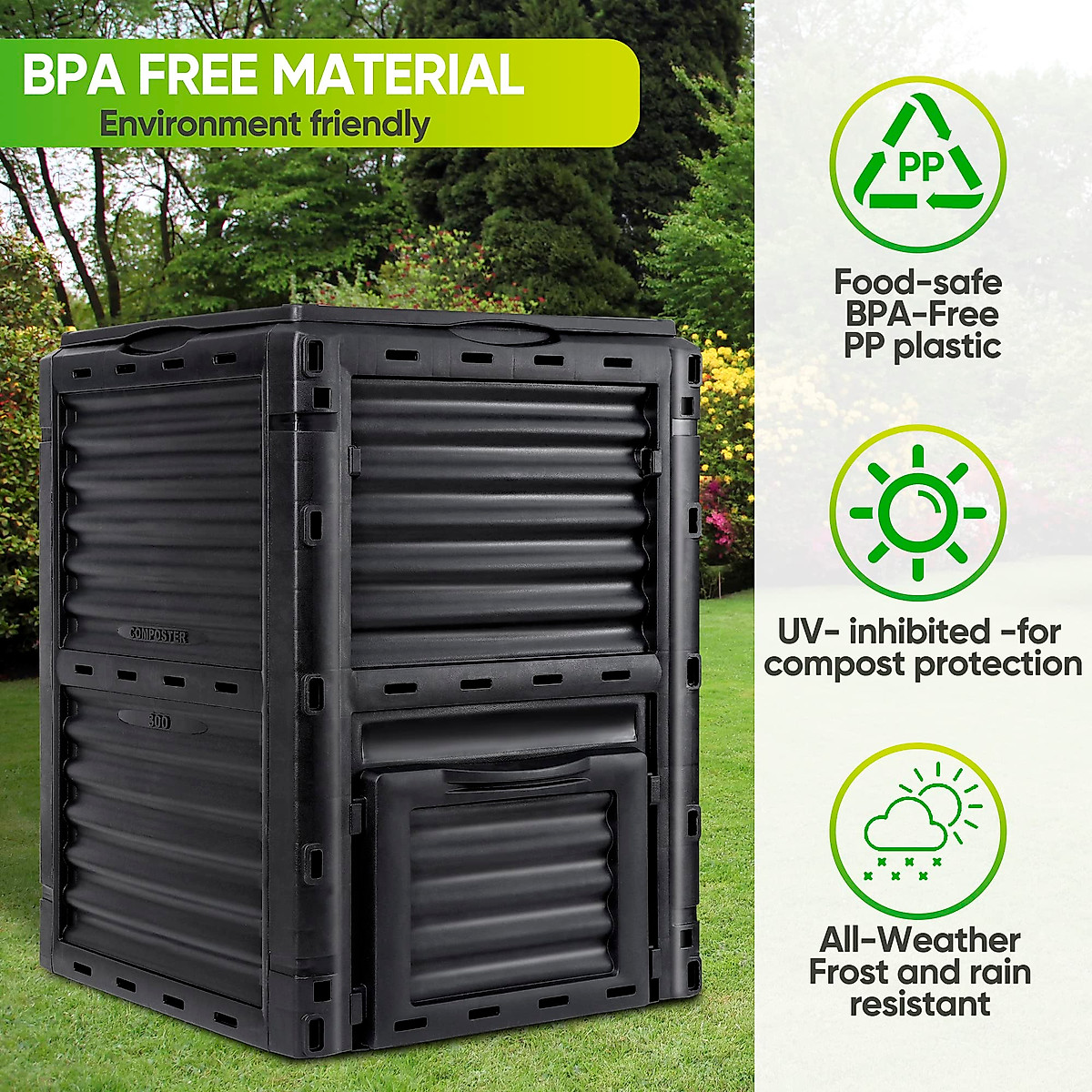 LEMY Garden Compost Bin, 80 Gallon Outdoor Compost Box for Fast Creation of Fertile Soil, Large Capacity, Black