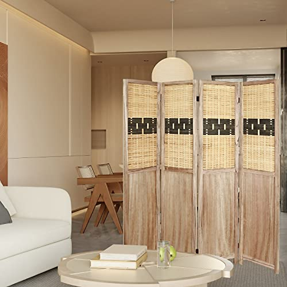 Babion 4 Panel Room Divider, Grass Willow Hand-Woven Screen, Room Dividers and Folding Privacy Screens, Modern Wall Dividers Room Bedroom Decoration, Dividers for Home Office -Brown and Black