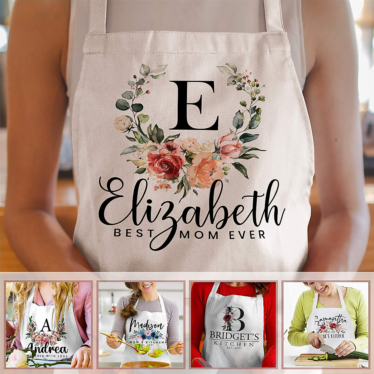 Personalized Kitchen Apron Initial Name Flowers Design - Customized Woman Man White Aprons Gift for Chef Cooking BBQ Grill Baking White Aprons - Gifts for Women Men - Unisex Cotton, Add Your Text -C02
