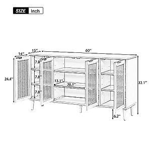 Merax Black Modern Rustic Wood Buffet Sideboard with Storage Shelf, 4 Rattan Doors Coffee Bar Cabinet TV Stand for Bedroom Living Dinning Room Kitchen, 1 Set