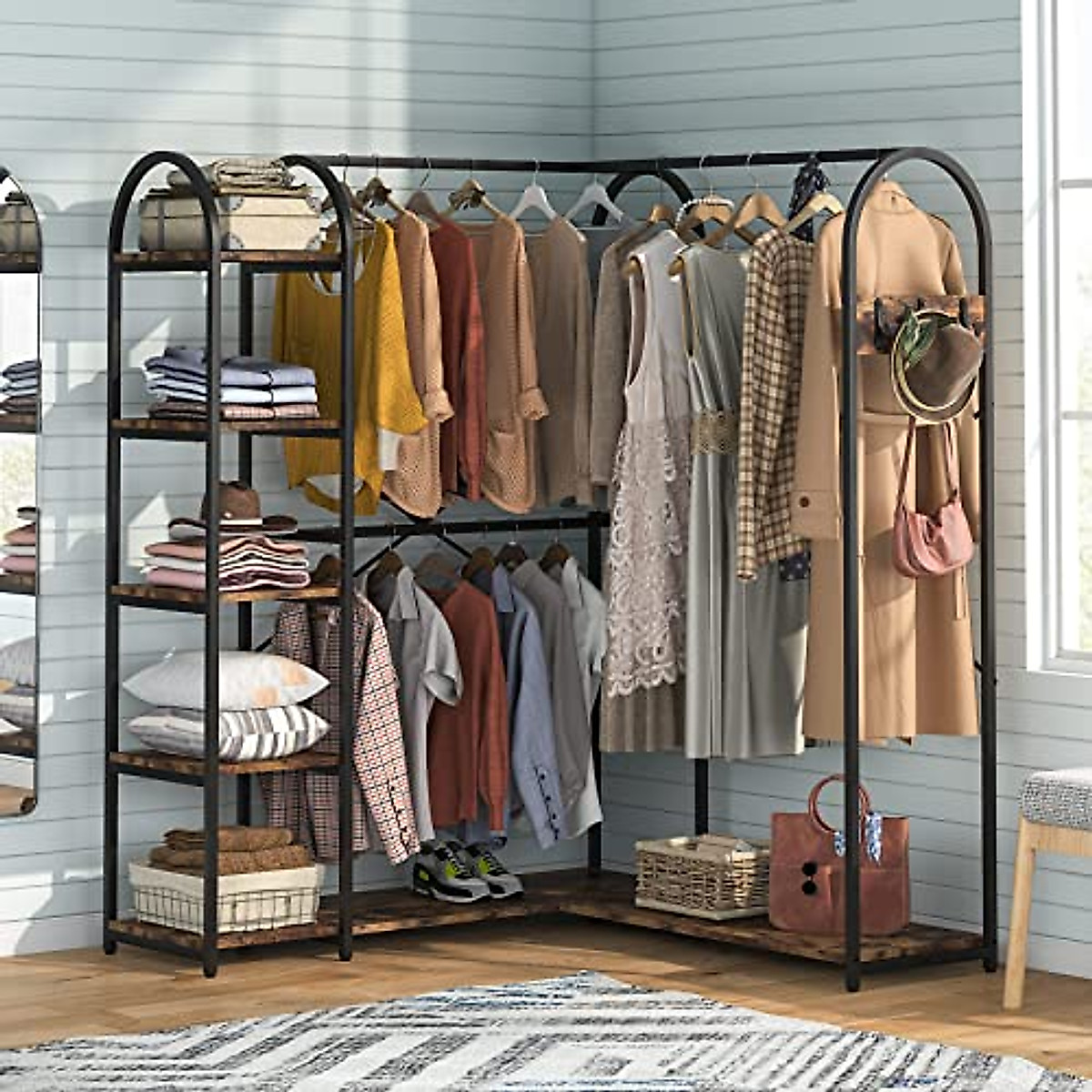 Tribesigns L-Shaped Garment Rack with Shelves, Heavy Duty Corner Clothes Rack with Coat Hooks, Anti-toppling Device, Cloth Hanger Standing Clothing Racks for Hanging Clothes, Rustic Brown