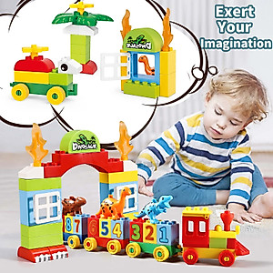 Dinosaur Building Blocks Toys,Jurassic Theme Building Blocks,With A Counting Train,A Big T-rex,and Three Dinosaurs,Compatible With All Major Brands, Gift For Kids Toddlers Boys Girls Age 3,4,5,6,7,8+
