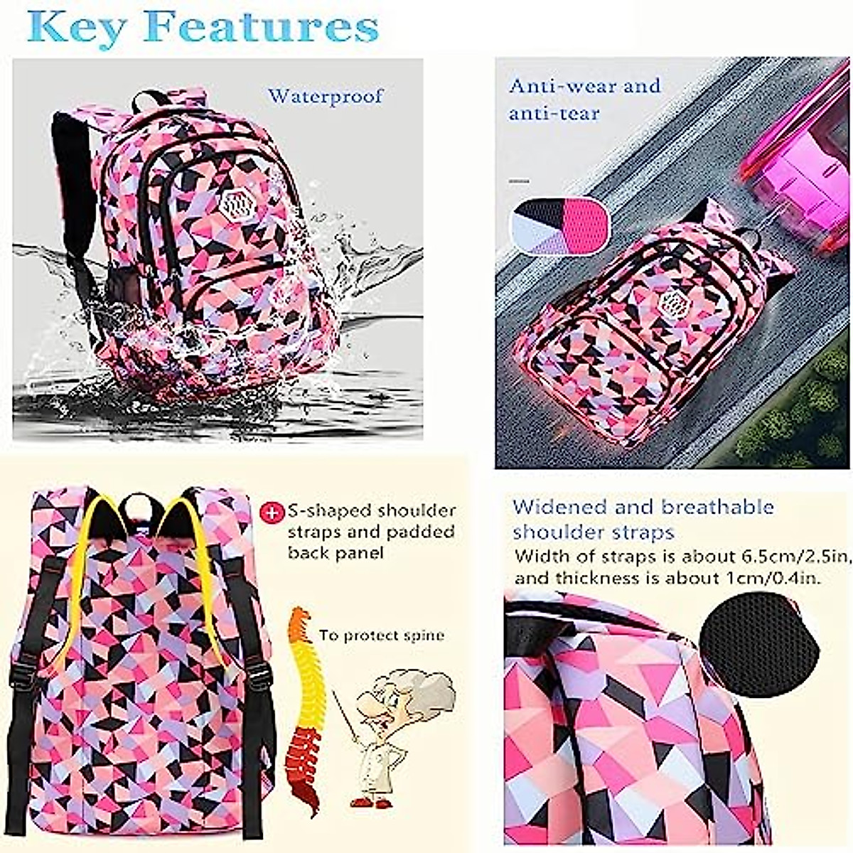 pdghiue Geometric Print 3-Piece Backpack Set Aesthetic (Backpack + Lunch Bag + Pencil Case) - High Density Nylon Fabric, Spacious, Eco-friendly