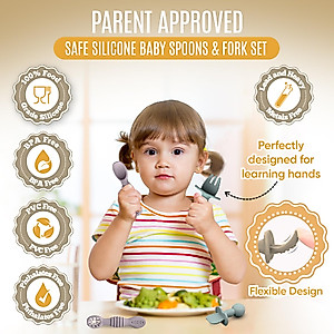 HippoBaby 4pc Silicone Self feeding baby utensils 6-12 months, 3 baby spoon, 1 baby fork, Toddler Cutlery Set, BPA Free, Dishwasher Safe, Baby eating essentials (Light pink/Army Green)