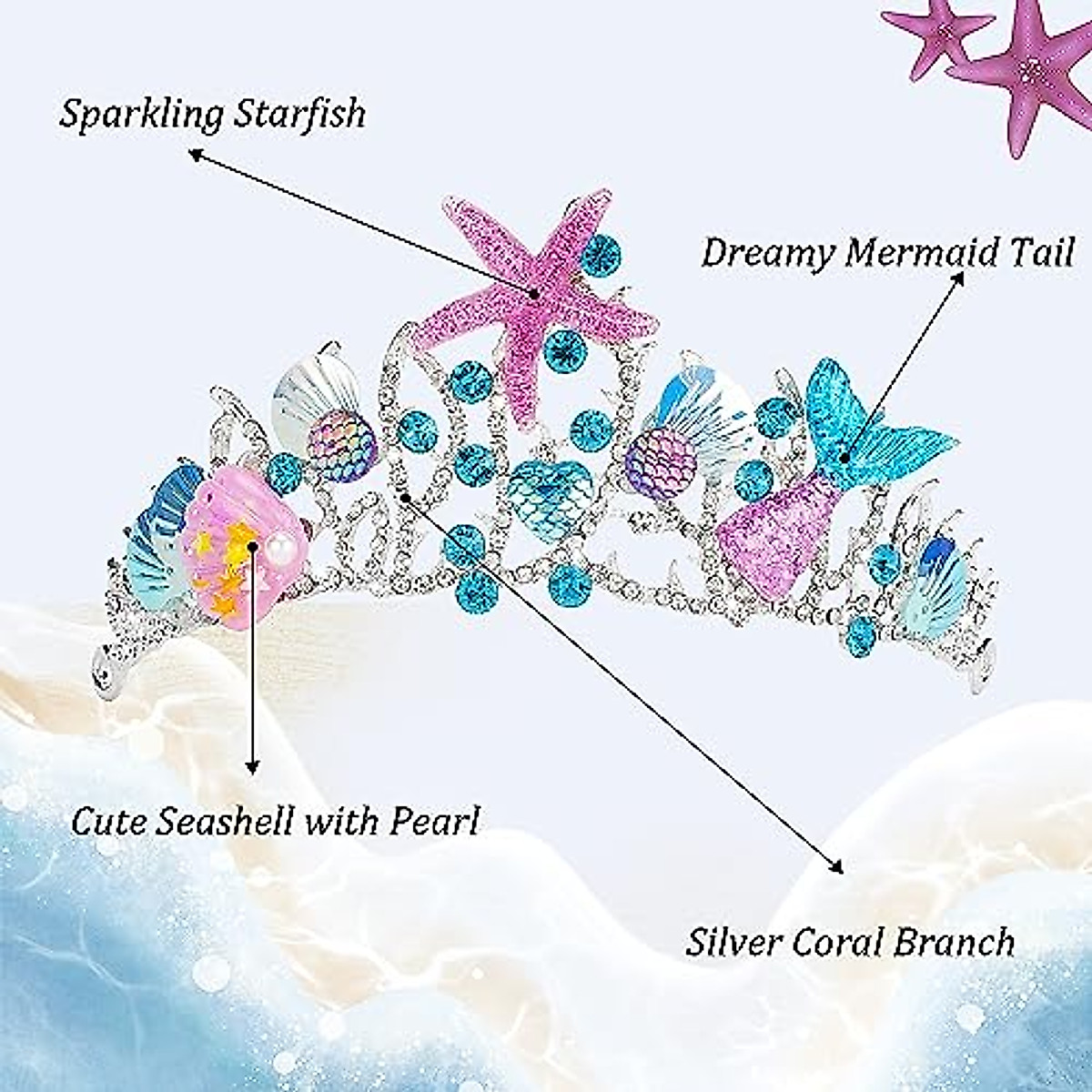 Didder Mermaid Crown Halloween Costume Seashell Starfish Hair Accessories for Women Girls, Birthday Party Decorations Tiara Headband Headpiece