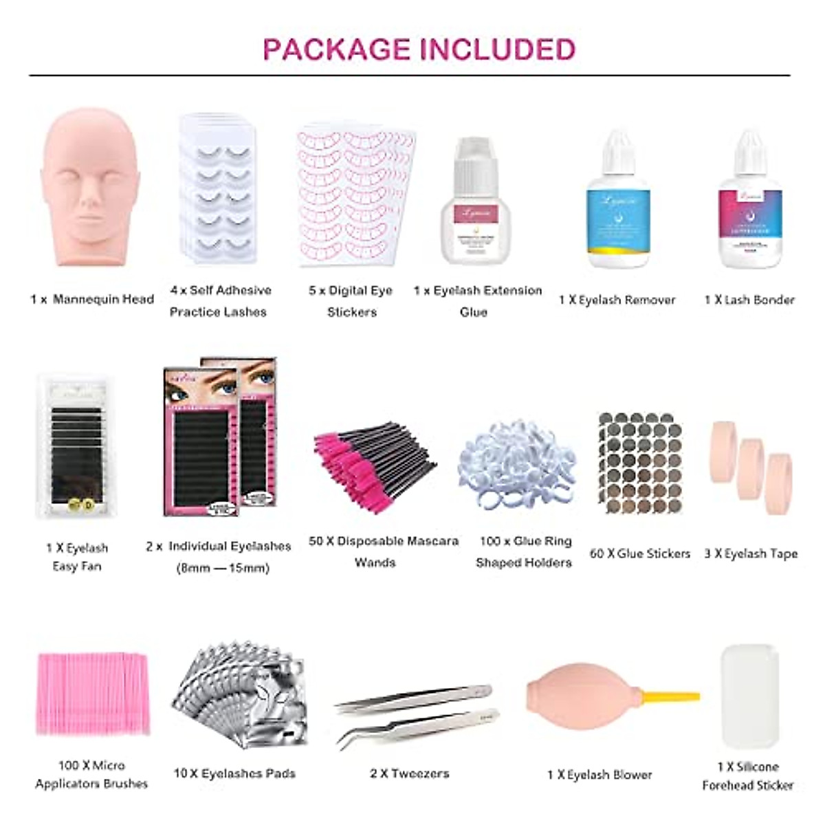 Eyelash Extension Kit, Lymzie Lash Extension Practice Kit with Mannequin Head Professional Eyelash Grafting Training Tools Set for Beginners Include Glue Tweezers