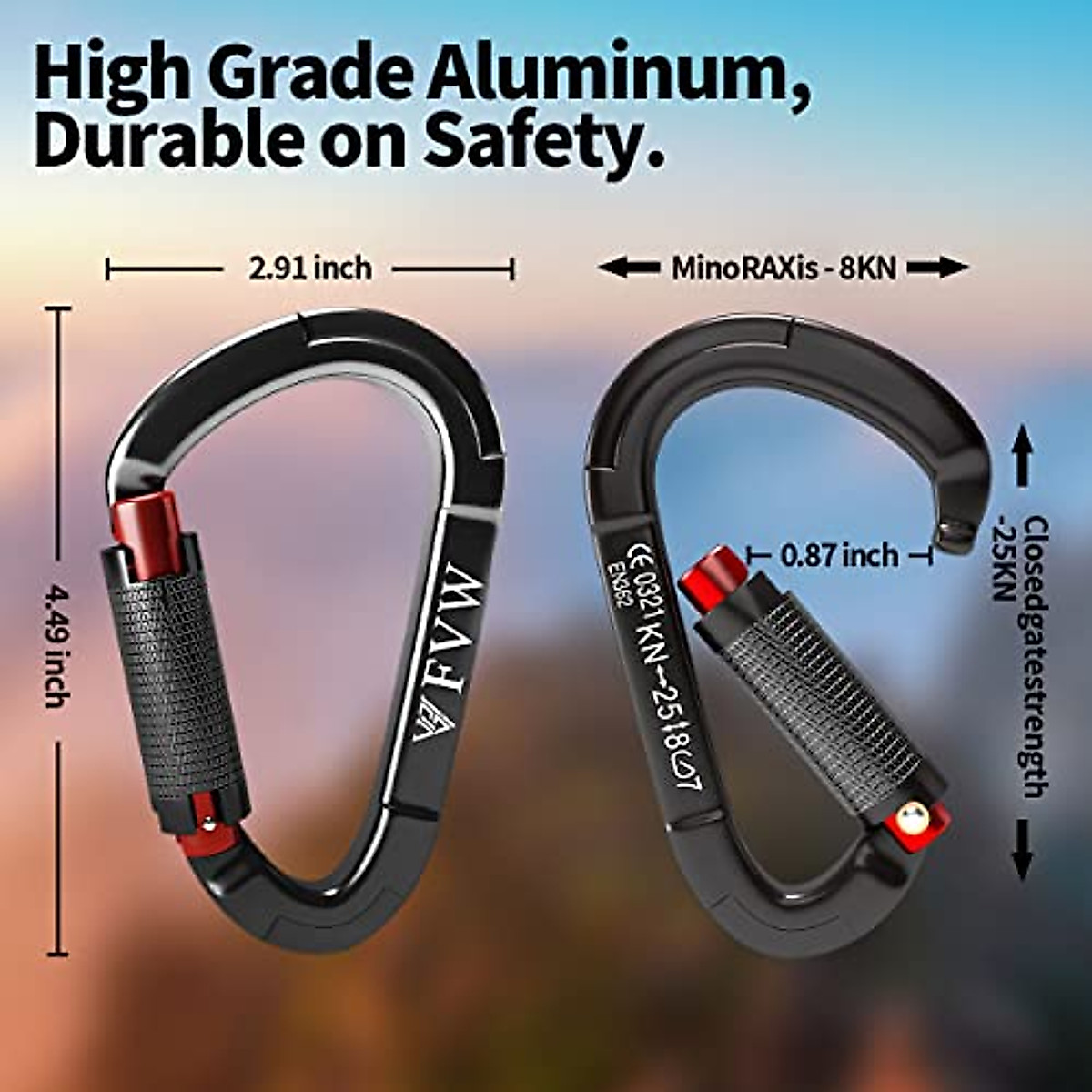 FVW 3 Pieces Heavy Duty Climbing Carabiners, 25KN UIAA Certified Auto Locking Rock Climbing Carabiners Clips for Hammocks, Swing, Locking Dog Leash and Harness, Camping, Hiking & Utility (Black)