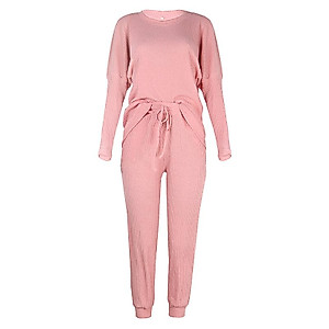 Sruiluo Two Piece Comfy Pjs Sets Crewneck Knitted Long Sleeve Sleepshirt and Drawstring Cinch Bottom Pants Casual Homewear Pink