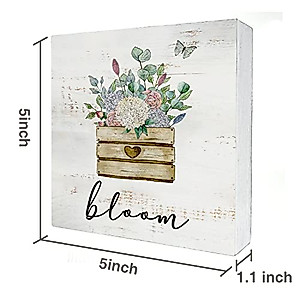 Bloom Wood Box Sign Home Decor Rustic Spring Flowers Bloom Wooden Box Sign Block Plaque for Wall Tabletop Desk Home Decoration