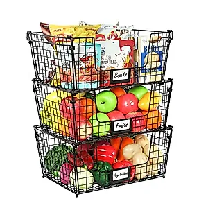 3 Pack XXL Stackable Wire Baskets for Pantry Storage and Organization- Large Metal Storage Bins with Handle and Chalkboard for Fruit Vegetable Snack Food- Kitchen Cabinet Countertop Organizer - Black