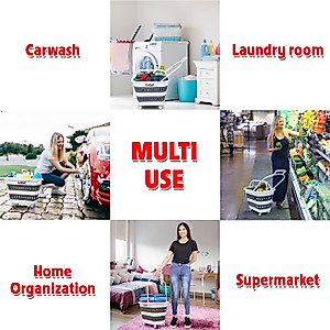 dbest products Folding Gocart Collapsible Laundry Basket on Wheels Grocery Cart Shopping Foldable Pop Up Plastic Hamper Tote Handles Cesto para ropa sucia, White
