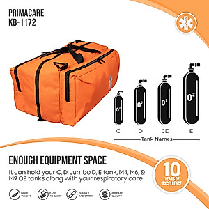 PrimaCare KB-1172 Oxygen O2 Gear Bag with Multiple Compartments Waterproof Bottom and Heavy-Duty Zipper, 32" x 12" x 13", Orange