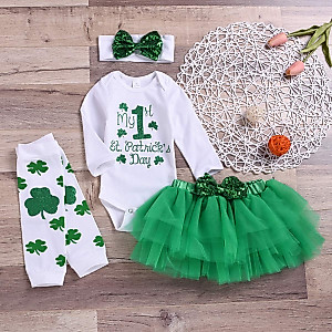 XFGLCK Newborn Baby Girls My 1st St.Patrick's Day Outfit Shamrock Rompers+ Tutu Tulle Skirt + Headband Outfits Set (Green, 0-3 Months)