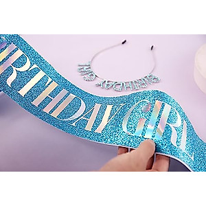 Birthday Girl Sash & Tiara Set, Blue Birthday Sash and Rhinestone Crown for Women, Happy Birthday Party Decorations Headband Birthday Gifts for Her, Happy Birthday Decor