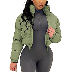 Alunzoem Womens Winter Jacket Long Sleeve Stand Collar Cropped Down Coat Outerwear Green XL